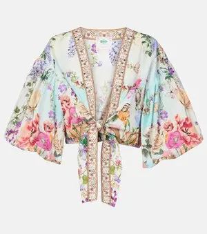 Camilla Tie-front Puff-sleeve Crop Top - Multicoloured