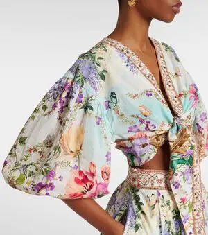 Camilla Tie-front Puff-sleeve Crop Top - Multicoloured