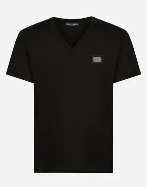 Dolce & Gabbana Cotton V-neck T-shirt With Branded Tag - Black