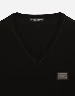 Dolce & Gabbana Cotton V-neck T-shirt With Branded Tag - Black