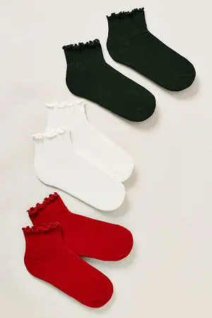 DAILY PRACTICE BY ANTHROPOLOGIE Daily Practice By Anthropologie Athletic Ruffle Socks Set Of 3 Red/green/white