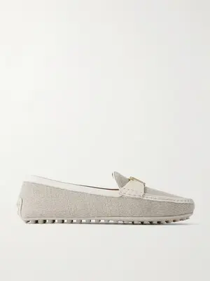 TOD'S Leather-trimmed Raffia Loafers - Gray