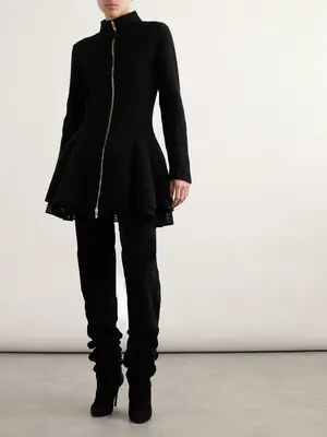 Alaïa Ribbed Wool And Cashmere-blend Peplum Cardigan - Black