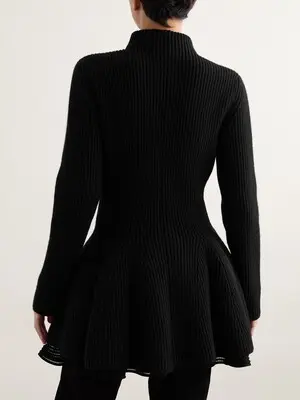 Alaïa Ribbed Wool And Cashmere-blend Peplum Cardigan - Black