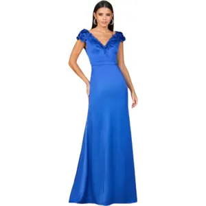 LARA NEW YORK V-neck Satin Backed Crepe Gown - Royal Blue
