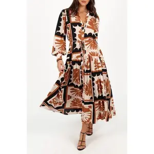 PETAL & PUP Jules Abstract Print Maxi Shirtdress - Brown Multi