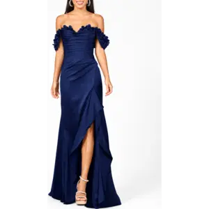 LARA NEW YORK Off-the-shoulder Gown With Floral Applique - Navy