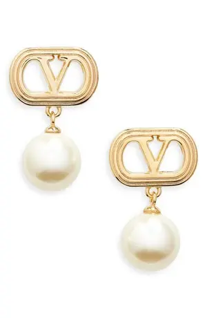 Valentino Garavani Vlogo Faux Pearl Drop Earrings - Yellow Gold