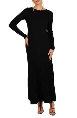 PETAL & PUP Alison Long Sleeve Rib Maxi Dress - Black
