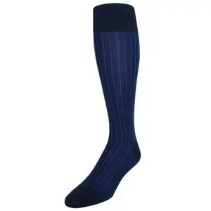 Trafalgar Valentino Vertical Stripe Over-the-Calf Mercerized Cotton Socks Navy With Royal Blue Stripes