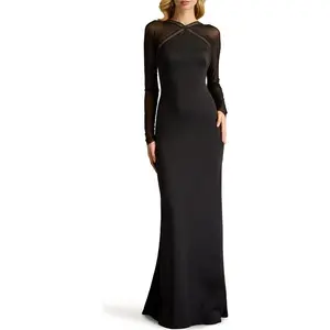 Tadashi Shoji Illusion Long Sleeve Mermaid Gown