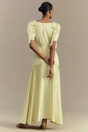 MARE MARE Bree Puff-sleeve V-neck Satin Slip Midi Dress - Light Yellow