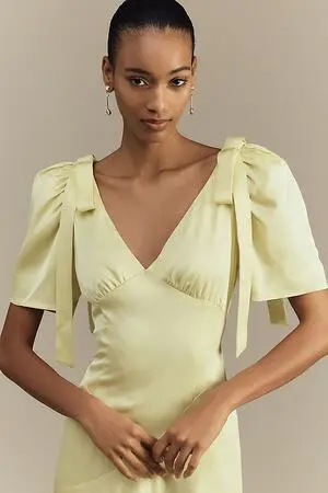 MARE MARE Bree Puff-sleeve V-neck Satin Slip Midi Dress - Light Yellow