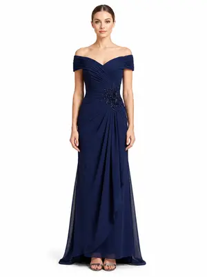 LARA NEW YORK Off-shoulder Chiffon Gown - Navy
