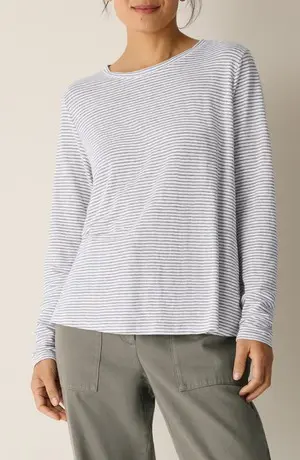Eileen Fisher Stripe Organic Linen Long Sleeve T-shirt - Bay Leaf