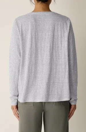 Eileen Fisher Stripe Organic Linen Long Sleeve T-shirt - Bay Leaf