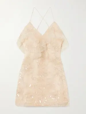 Aje Iridescence Ruffled Beaded Tulle Mini Dress - Cream