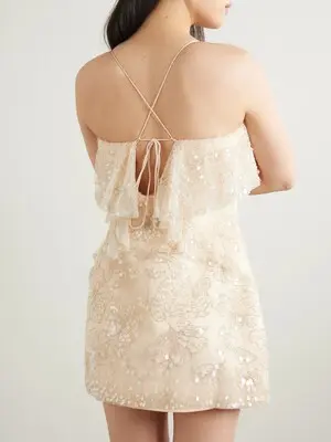 Aje Iridescence Ruffled Beaded Tulle Mini Dress - Cream