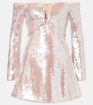SELF-PORTRAIT Sequined Off-shoulder Minidress - Beige