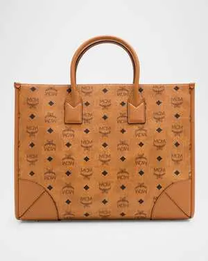 Mcm Munchen Large Visetos Tote Bag - Cognac