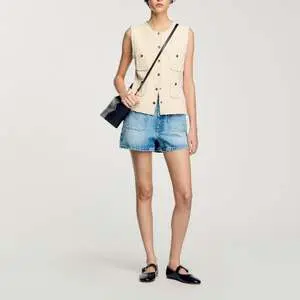 Sandro Embellished Tweed Vest Top - Ecru