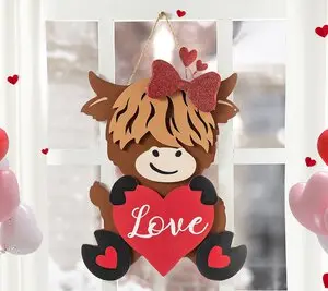 GLITZHOME 18'h Valentine's Highland Cow With He Art Door Hanger - One-color