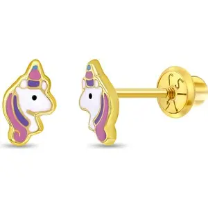 IN SEASON JEWELRY 14k Yellow Gold Unicorn Stud Earrings - Pink