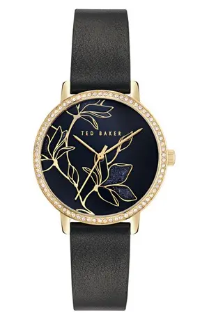 Ted Baker London Floral Leather Strap Watch - Black