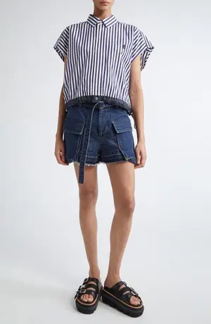 Sacai X Thomas Mason Mixed Media Top - Navy Stripe