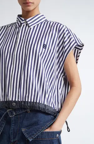 Sacai X Thomas Mason Mixed Media Top - Navy Stripe