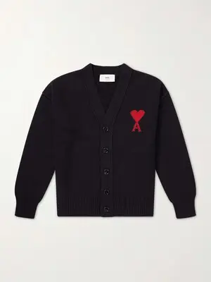 AMI Paris Logo-intarsia Virgin Wool Cardigan - Black