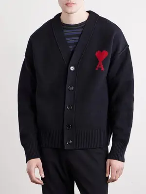 AMI Paris Logo-intarsia Virgin Wool Cardigan
