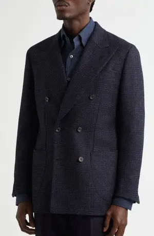 Thom Sweeney Unstructured Double Breasted Plaid Wool Sport Coat