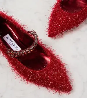 JIMMY CHOO Bing Tinsel-embellished Mary Jane Flats - Red