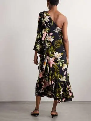 open lace back dress Farm Rio Golden Foliage One-Shoulder Maxi Dress