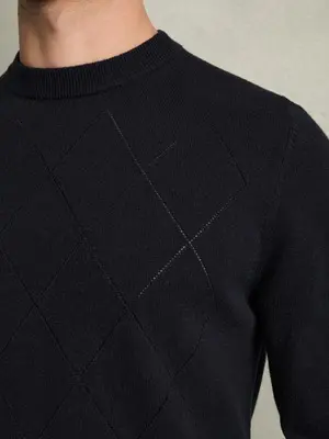 REISS Vince Wool Argyle Crew-neck Jumper - Navy