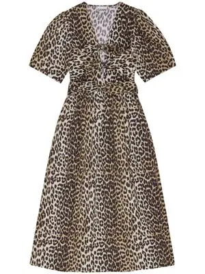 GANNI Leopard Print V-neck Short Sleeve Cotton Dress