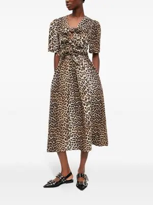 GANNI Leopard Print V-neck Short Sleeve Cotton Dress