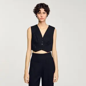 Sandro Striped Sequin Cropped Vest - Black