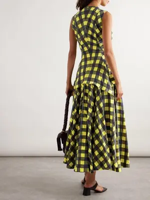 Bottega Veneta Pleated Paneled Checked Cotton Midi Dress