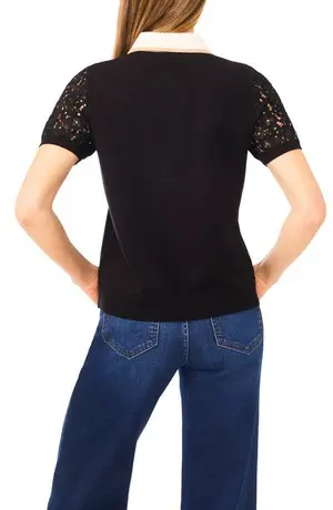 CECE DUPRAZ Lace Sleeve Polo Sweater - Rich Black