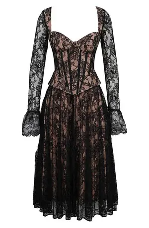 House Of Cb Raquel Long Sleeve Lace Corset Dress - Black | Editorialist