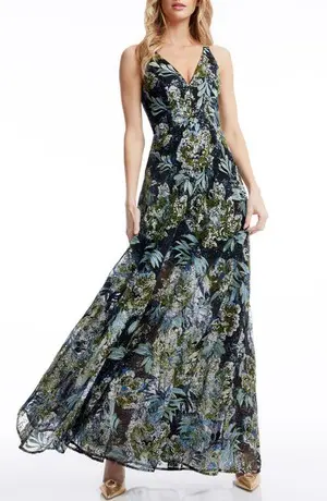 Dress The Population Ariyah Floral Sequin Gown - Black Multi