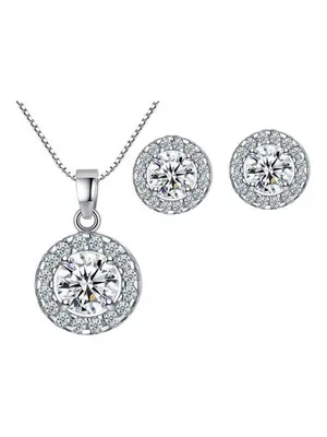 DLORIA Hollywood Sensation Halo Cubic Zirconia Necklace And Earrings Set - Silver