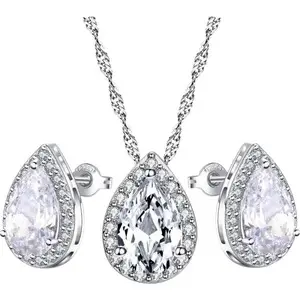 DLORIA Hollywood Sensation Teardrop Crystal Necklace And Earring Set - Silver