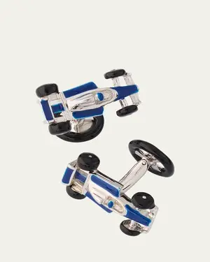 JAN LESLIE Sterling Silver Enamel Race Car Cufflinks - Blue