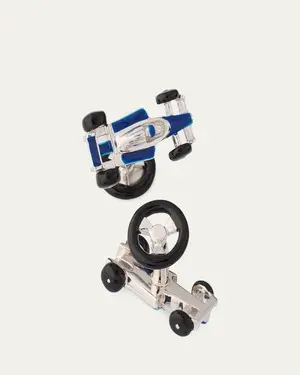 JAN LESLIE Sterling Silver Enamel Race Car Cufflinks - Blue