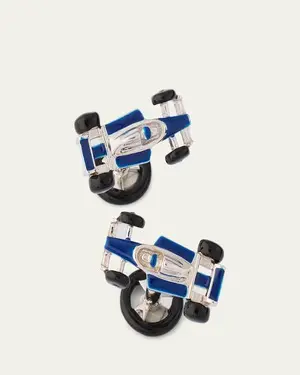 JAN LESLIE Sterling Silver Enamel Race Car Cufflinks - Blue
