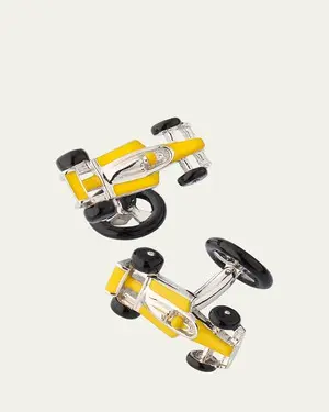 JAN LESLIE Sterling Silver Enamel Race Car Cufflinks - Yellow