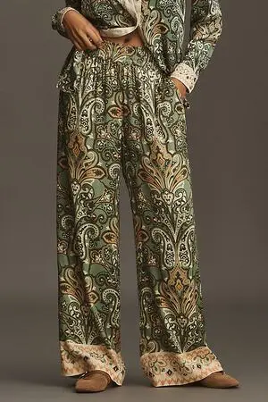 CONDITIONS APPLY Imara Satin Wide-leg Pants - Green Pattern